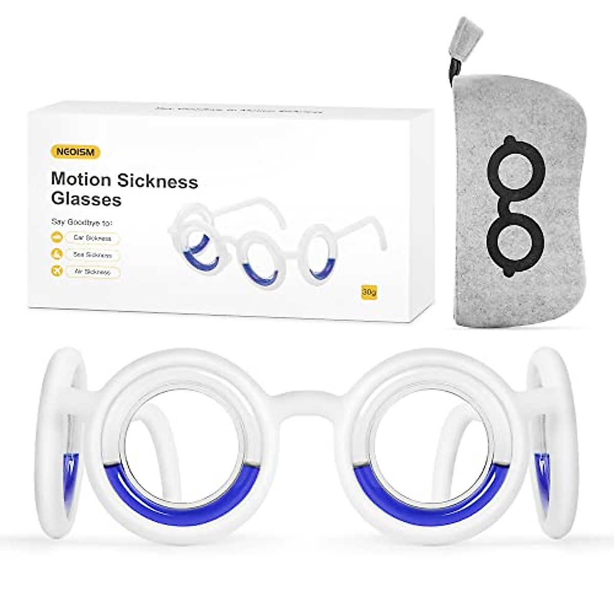 NEOISM Anti Motion Sickness Glasses Relieve Carsickness Airsickness Seasickness Glasses Ultra Light Portable Nausea Relief Glasses for Sport Travel No Lens Liquid Glasses for Adults or Kids