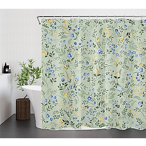 LB Nature Plant Floral Shower Curtain Decor, Yellow Blue Flower with Herb on Sage Green Shower Curtain for Bathroom 72" W x 72" L Polyester Fabric Bathroom Decoration Bath Curtains Hooks Included