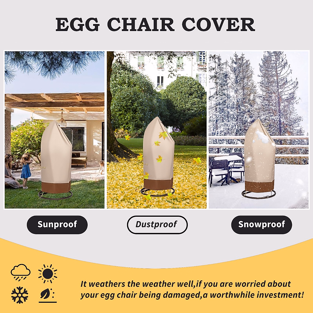 Egg Chair Cover with Waterproof Zipper,Outdoor Hanging Egg Chair Cover with Air Vent,Egg Swing Chair Cover Patio Wicker Hanging Chair Covers UV Resistance (75 X 45 Inches)