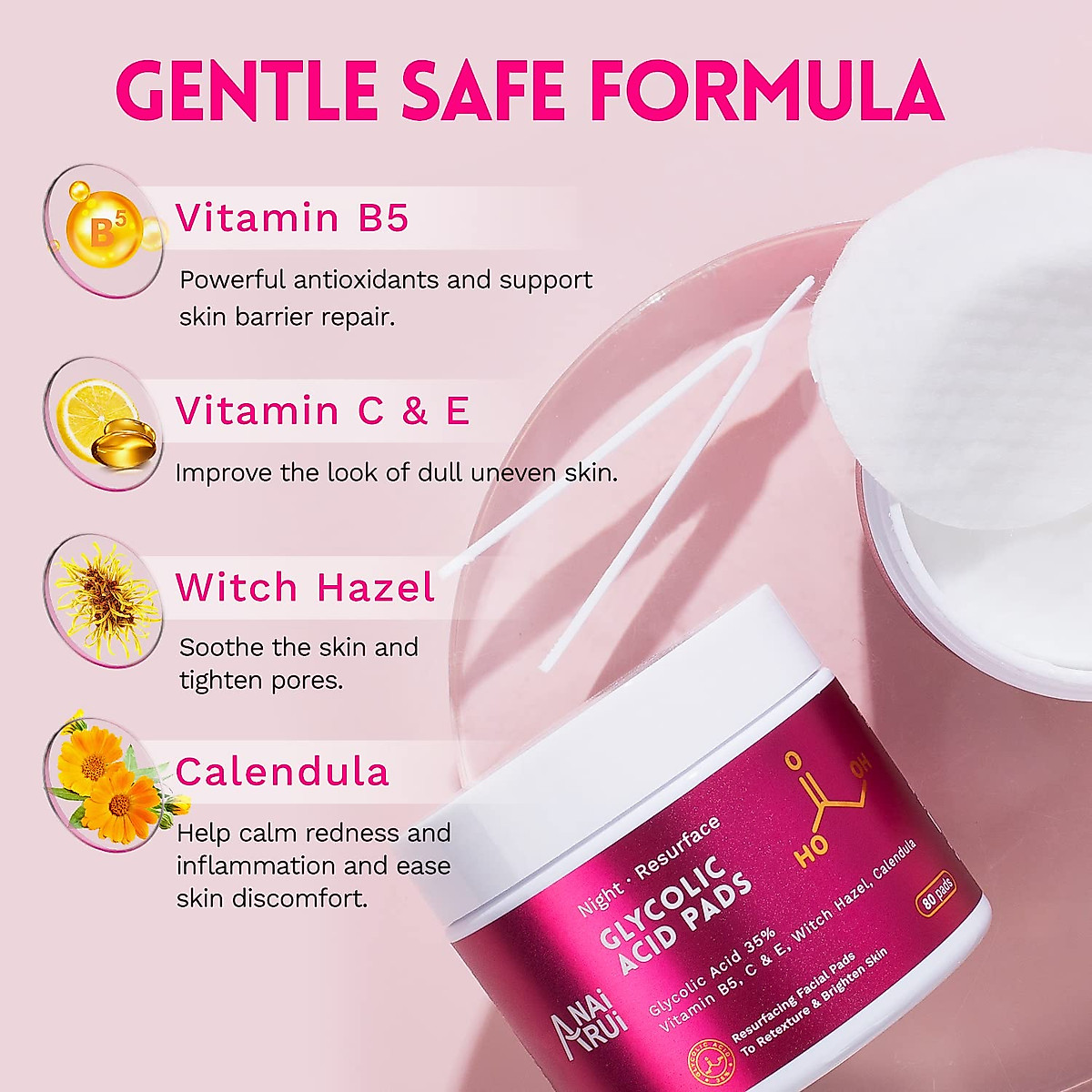 ANAI RUI Glycolic Acid Peel Pads 35% AHA Resurfacing Facial Pads with Vitamins B5, Witch Hazel, Calendula, Facial Exfoliating Pads, Acid Peel for Face Dark Spots and Reduces Fine Lines 80 Pads