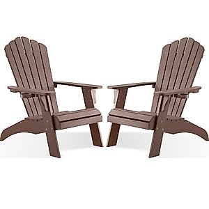 Psilvam Adirondack Chair, Oversized Poly Lumber Fire Pit Chair with Cup Holder, 350Lbs Support Patio Chairs for Garden, Weather Resistant Adirondack Chair Looks Like Real Wood (2, Brown)