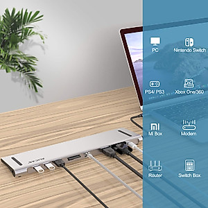 11 in 1 Aluminum USB C Hub, AUCAS Type C Hub Adapterr with ethernet USB-C PD (40 Gbps), 4K HDMI, USB-C Data, SD/Micro Card Reader, USB 3.0-Compatible with 2020/2018 MacBook Air, MacBook Pro (Gray)