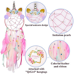QtGirl Dream Catchers for Kids Unicorn Wall Decor for Girls Bedroom Flower Feather Wall Hanging Decoration