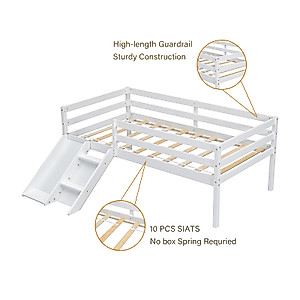 Toforo Twin Low Loft Bed for Kids with Slide and Ladder, Wood Loft Bed Frame with Safety Guardrail for Children, Teens, Boys or Girls, White