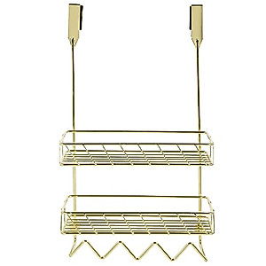 MyGift Brass Metal Wire Over The Door Hanging Bathroom Accessories Organizer Rack, 2 Tier Bath Storage Shelf with 4 Triangular Hooks