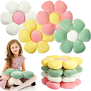 Reginary 4 Pcs Flower Plush Throw Pillows Cute Flower Floor Pillow Daisy Shaped Floor Cushions Aesthetic Flower Seat Cushion Chair Pads for Kids Seating Bed Bedroom Sofa Decor (Light Color,15 Inch)