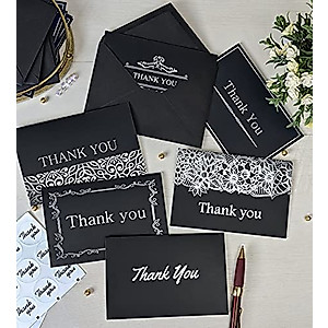 120 Elegant Thank You Cards in Black with Matching Black Envelopes and Sealing Stickers - Thick Quality Cardstock 6 Designs Bulk Notes Embossed with Silver Foil Letters, 4x6 Inches Folded