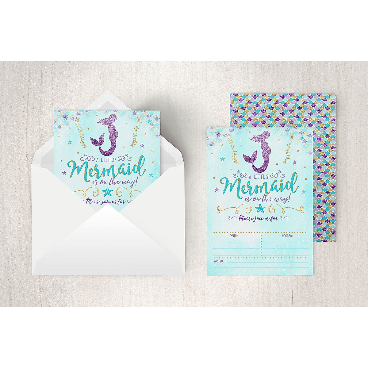 Your Main Event Prints Mermaid Baby Shower Invitation, Blue and Gold Mermaid Baby Shower, Baby Sprinkle Invite, 20 Fill in Invitations and Envelopes
