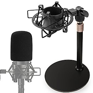 AT2020 Mic Stand, Adjustable Height Desk Mic Stand with Shock Mount, Foam Windscreen, Metal Weighted Base, 1/4 to 3/8 Metal Adapter, for AT2020 AT2020USB AT2020USB+ AT2035 Mic by Rigych