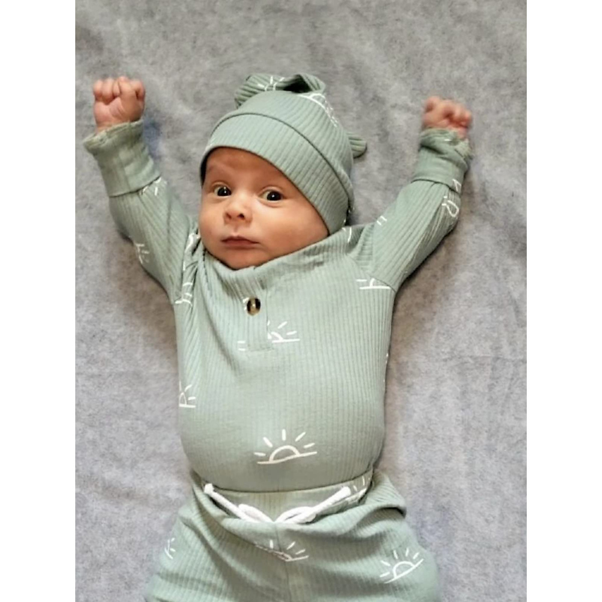 Infant Baby Boy Clothes Ribbed Knitted Sun Print Long Sleeve Romper Tops + Pants + Hat 3 Pcs Outfits (3-6 Months) Light Green