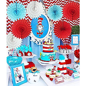 Dr Seuss Cat in the Hat Birthday Party Decorations/Thing 1 Thing 2 Baby Shower Decorations/Airplane/14pcs Blue White Red Tissue Paper Fans Circus Carnival/Nurse Graduation Decorations