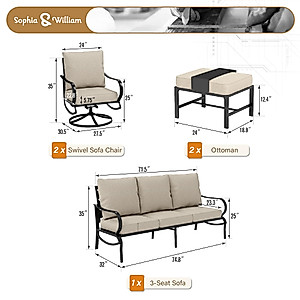 Sophia & William Patio Furniture Sets 5 Pcs Outdoor Metal Conversation Sets 5 Seats with 1 x 3-Seat Sofa, 2 x Cushioned Swivel Sofa Chairs, 2 x Ottomans for Coffee Lawn Backyard Poolside Beige