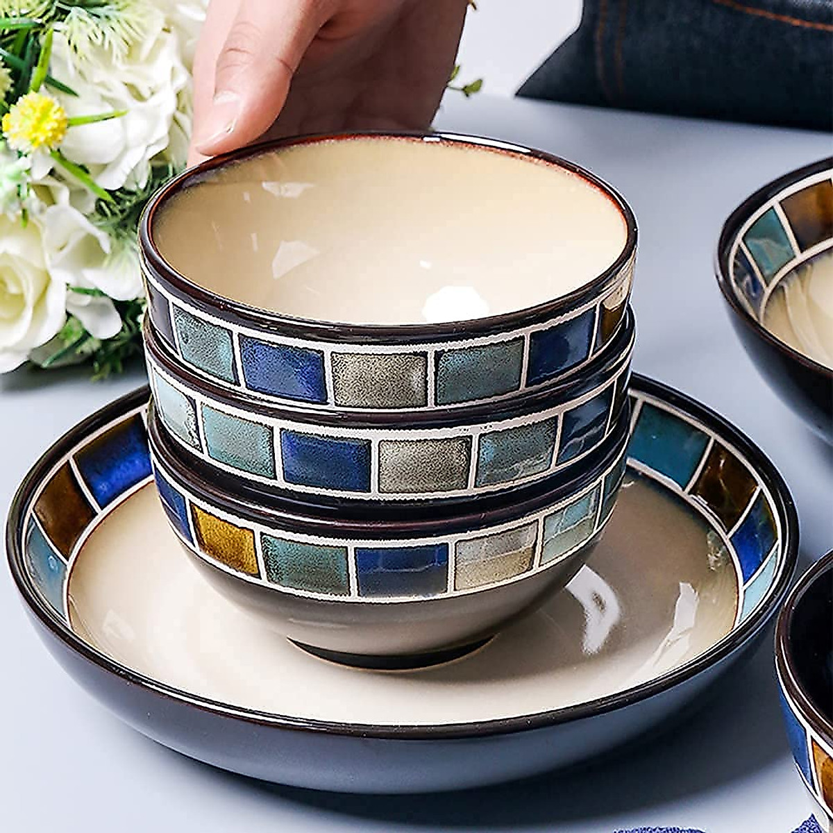 Porcelain Dinnerware SetKitchen Tableware Set,Ceramics Dinnerware Sets, Plates and Bowls Sets | 26 Pcs Blue Kiln Change Glaze Dishes Set - Colorful Plates for Family Outdoor Party