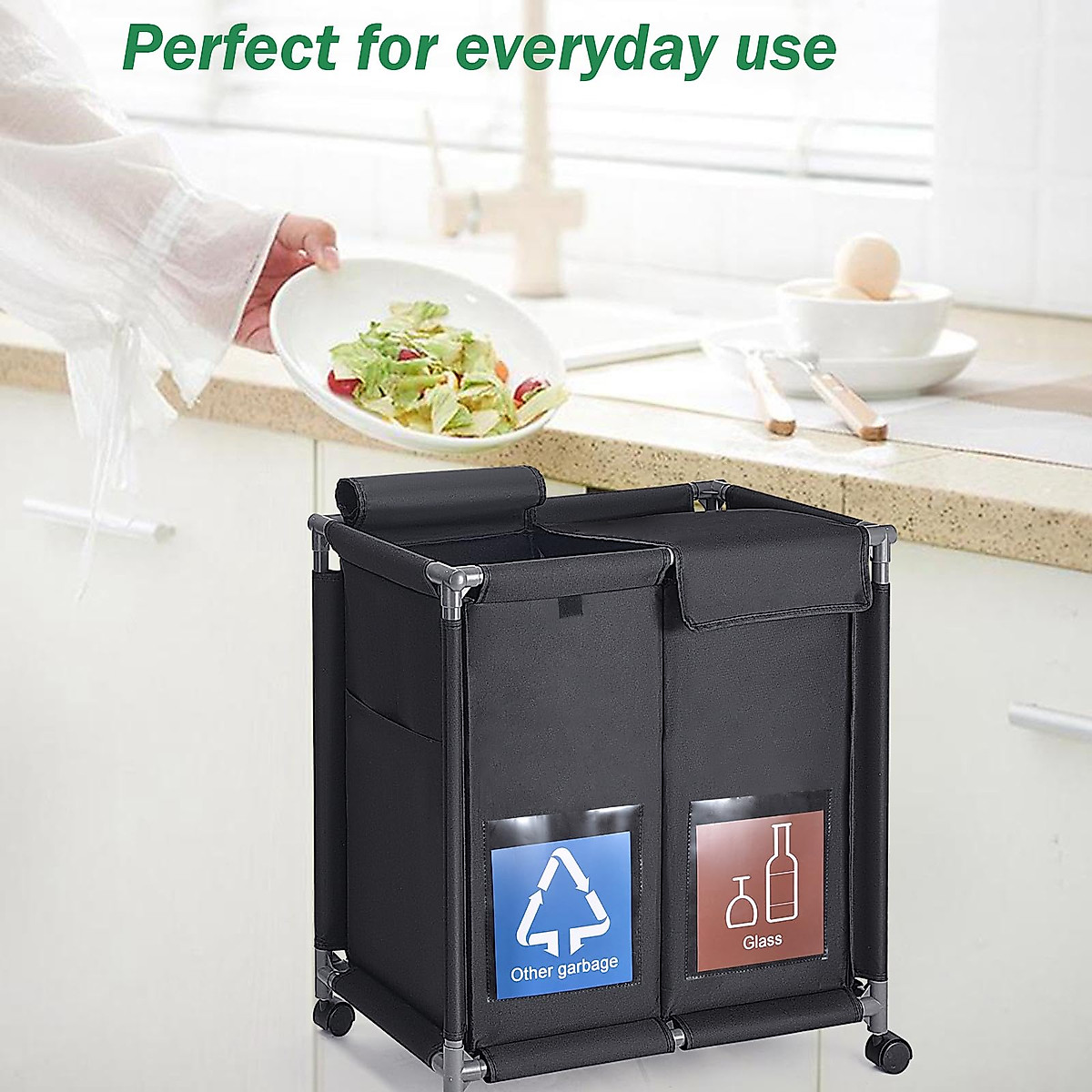 Generic 110L Large Recycling Bin with Lid,Recyclable Waste Trash Sorting Organizer for Kitchen with 2 Display Pockets