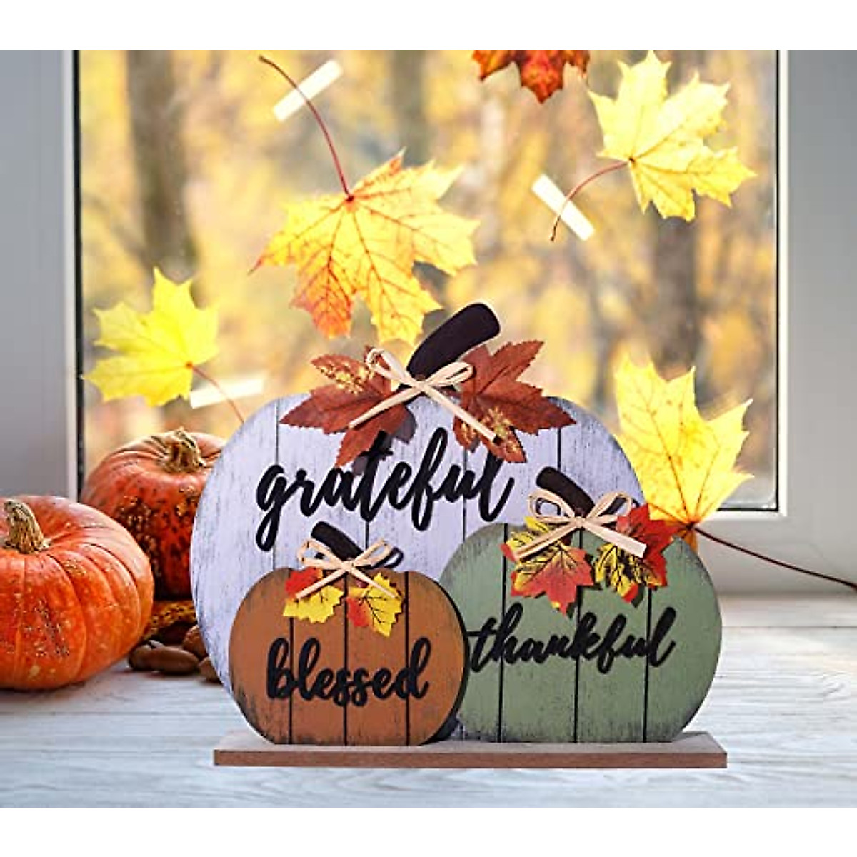 CYNOSA Fall Decorations for Home Blessed Grateful Thankful Sign Fall Decor Thanksgiving Decorations Wooden Pumpkin Tabletop Signs for Home Thanksgiving Farmhouse Living Room Harvest