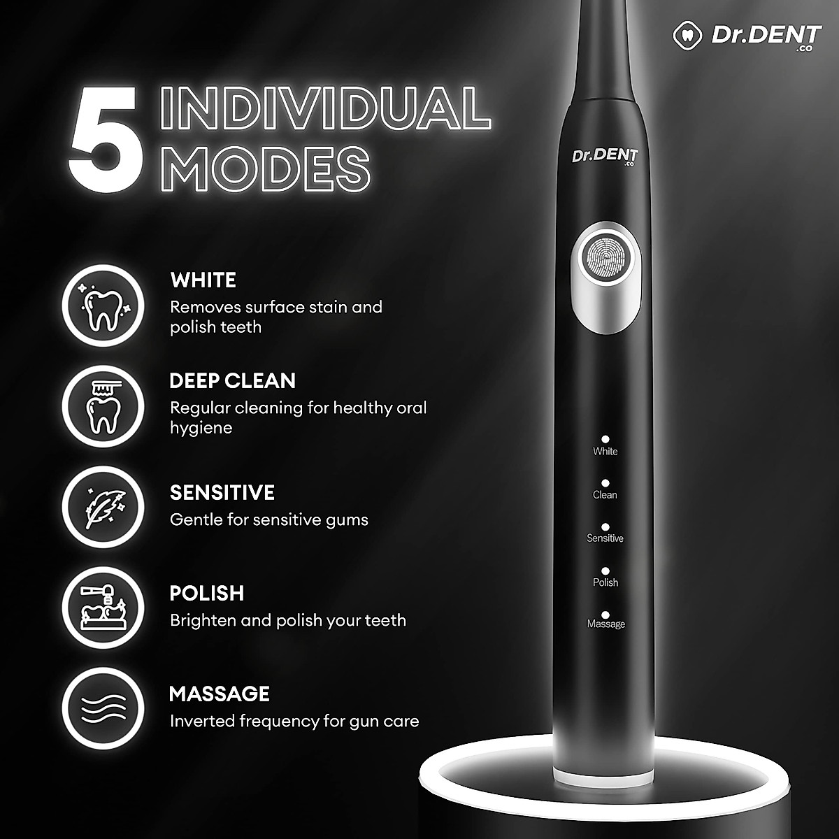 DrDent X Edition Sonic Electric Toothbrush - 8 Brush Heads - 5 Cleaning Modes with Smart Timer - Interdental and Tongue Cleaner Brush Head Included - One Charge Lasts 60 Days