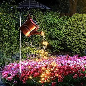 Solar Watering Can with Lights Outdoor for Garden Yard Patio Decor Waterproof Star Shower String Lights Led Cascading Fairy Waterfall Solar Kettle Flowers Lights Romantic Atmosphere (Large)