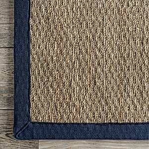 nuLOOM 4x6 Elijah Seagrass Area Rug, Navy, Solid Farmhouse Style, Cotton Bordered, Basketweave, Natural Fiber, For Bedroom, Dining Room, Living Room, Hallway, Office, Kitchen, Entryway
