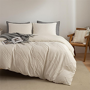 YASMENG 3 Pieces Ivory Pleated Chevron Duvet Cover Set Queen Size Wave Stripes Patterned Jacquard Bedding Set Stereoscopic Aesthetic Solid Comforter Cover with Zipper Closure for All Seasons