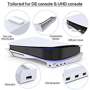 Horizontal Stand for PS5 Console with 4-Port USB Hub,MENEEA Upgraded Base Skate Holder Accessories for Playstation 5 Disc & Digital Edition,3 Charging Port Extension &1 USB 2.0 Data Port