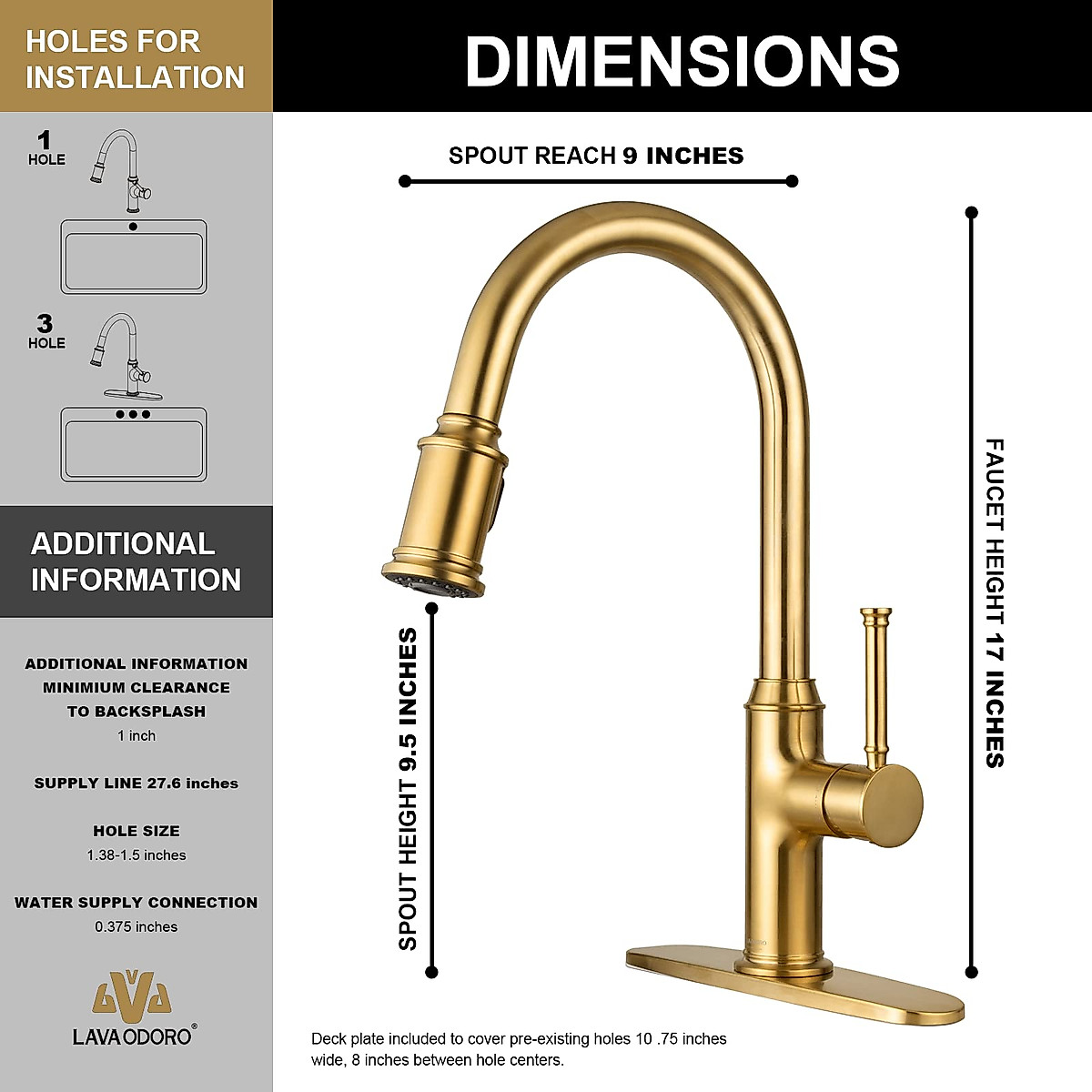 Brushed Gold Kitchen Faucet with Pull Down Sprayer, Lava Odoro Single Handle Gold Kitchen Sink Faucet, Brushed Brass Faucet for Kitchen Sink 1 Hole and 3 Hole, Deck Plate Included, KF421-SG