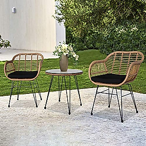 TRRAPLE 3 Pieces Patio Furniture Set, Outdoor Wicker Patio Furniture Sets Modern Bistro Set Rattan Chair Conversation Sets with Glass Top Side Table for Yard and Garden