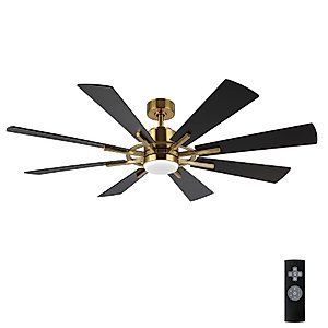 WINGBO 60" DC Ceiling Fan with Lights and Remote Control, Gold and Black Ceiling Fan, 8 Plywood Blades, 6-Speed Reversible DC Motor, Modern Ceiling Fan Indoor for Kitchen Bedroom Living Room