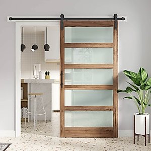 FREDBECK 42 x 84 inch Glass Barn Door with 7FT Barn Door Hardware Kit Included,5-Panel Frosted Glass, Water-Proof Surface,Pre-Drilled Holes,Need Assembly,Fit 38in-41in Opening