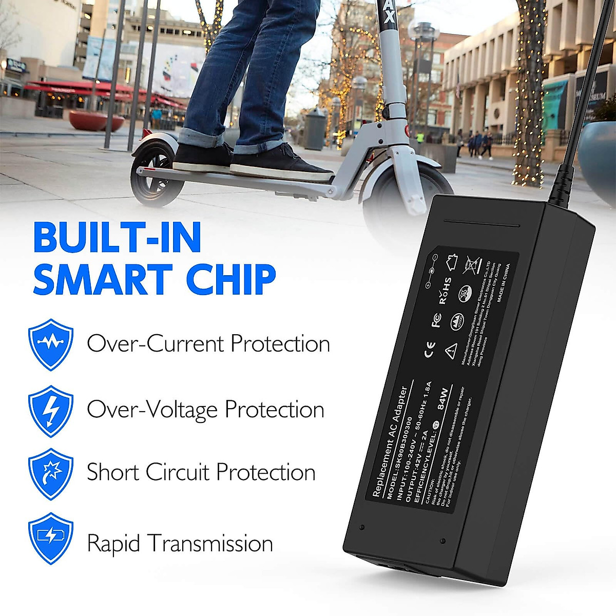 42V 2A Electric Scooter Charger for GOTRAX,PowerFast 1-Prong Inline Connector for 36V Pocket Mod,Diameter 5.5mm, 2.1mm