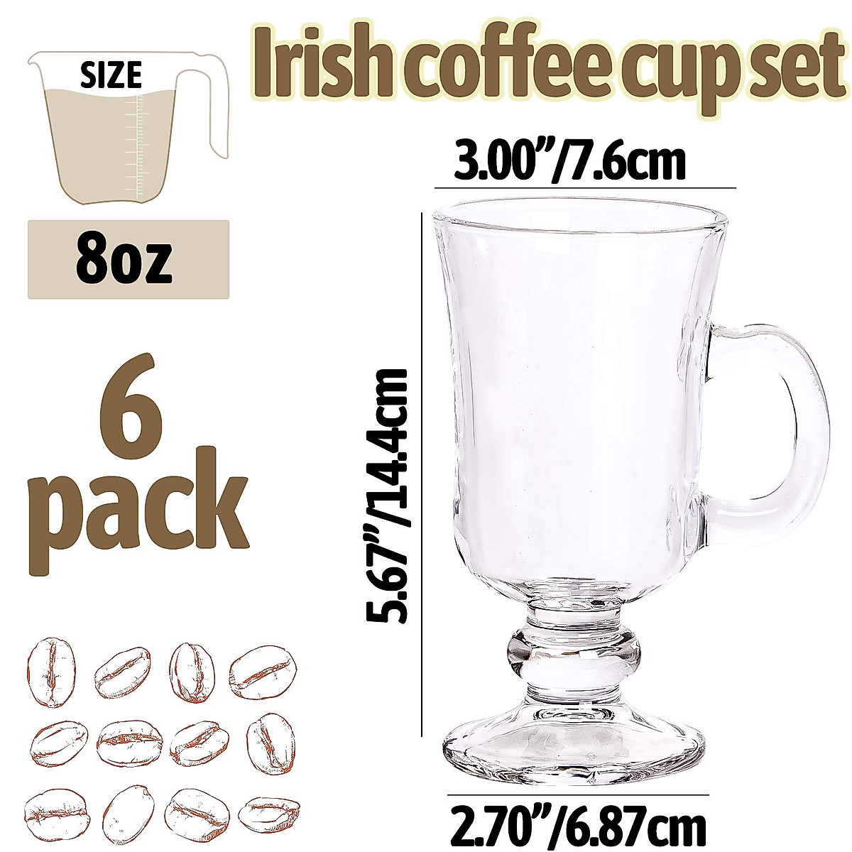 UMEIED 8oz Coffee Mugs, Glass Irish Coffee Cup, Set of 6