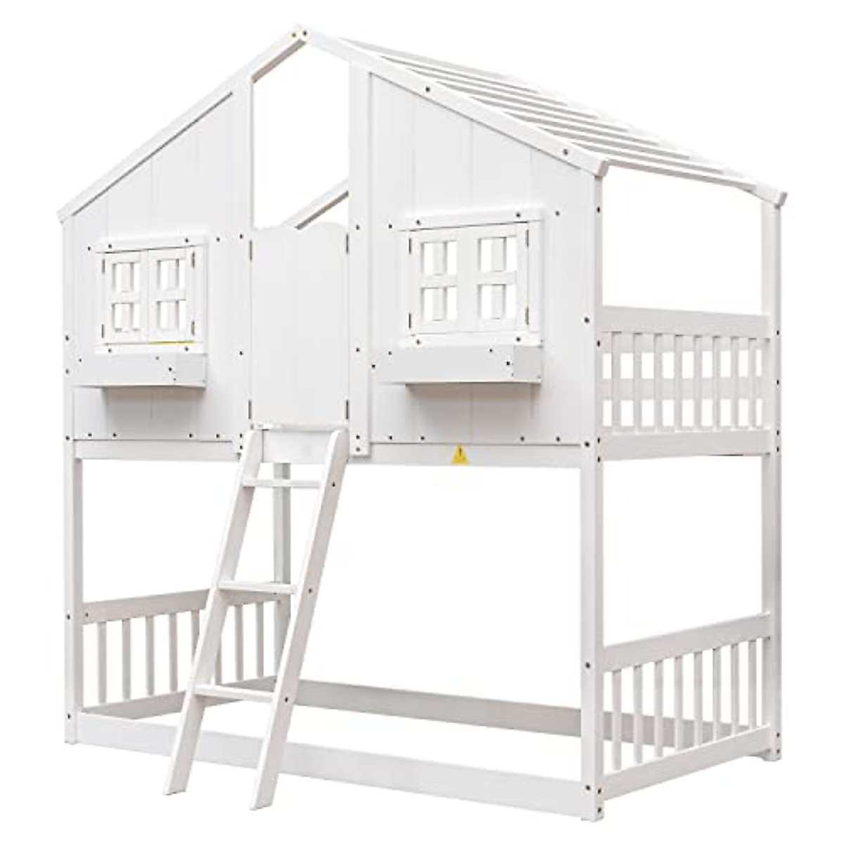 BOVZA Twin Over Twin House Bunk Beds with Roof and Window Door, Window Box, Ladder, Wood Playhouse Bunk Bed for Kids Girls Boys Teens, White