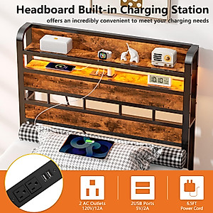 Furnulem Twin Size Headboard Only 2 Outlets 2 USB Ports Bed Headboards with Charging Station 2 Tier Storage Headboard Shelf for Dorm Bedroom Sturdy Adjustable RGB Light Headboards Rustic Brown