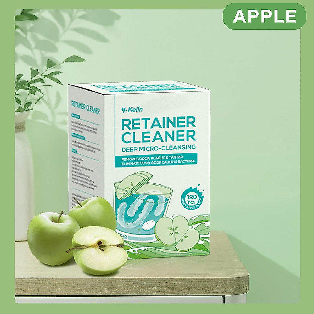 Y-Kelin Retainer and Denture Cleaner 120 Tablets for 4 Months Removes Stains Plaque Odors for Dentures Retainers Mouth Guard and Removable Dental Appliances (Apple, 120 PCS)