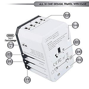 Raxxio Universal Travel Adapter, International Smart Power Plug with 2.4A 4 USB Ports Adapter, Converter for US, Canada, UK, Europe, AU, Asia (Type C USB White)