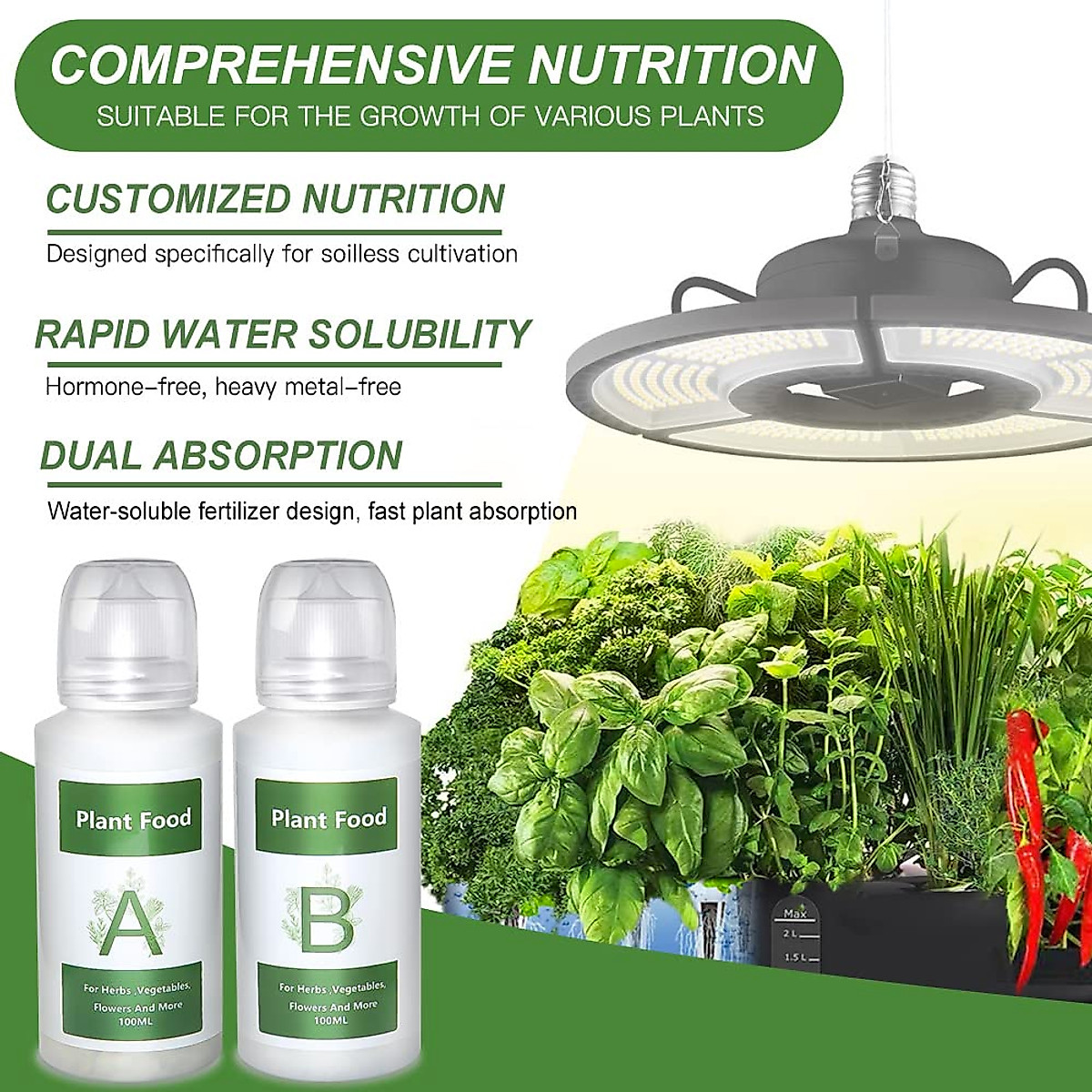 Hydroponic Plant Food (600ml in Total), A&B Indoor Plant Food for Hydroponics System and Potted Houseplants, Seed Pods kit Plant Food Hydroponic Nutrients for Growing Vegetables Fruits Flowers Herbs