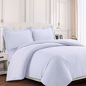 Tribeca Living Queen Duvet Cover Set, Soft Plain Bed Set Wrinkle Resistant Bedding, Microfiber, Includes One Duvet Cover and Two Sham Pillowcases, Durable Bedding 110 GSM, Valencia/White