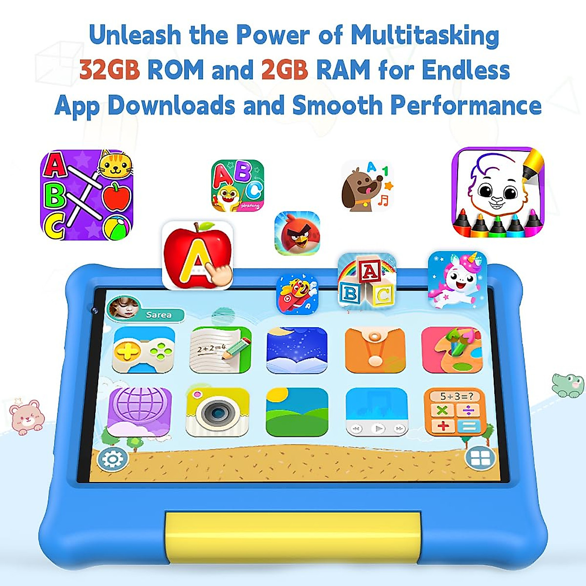 ApoloMedia 7-inch Kids Tablet, Quad Core Android 13 Tablet for Kids, 2+32GB, Dual Camera, Educationl Games, Parental Control, Kids Software Pre-Installed (Blue)