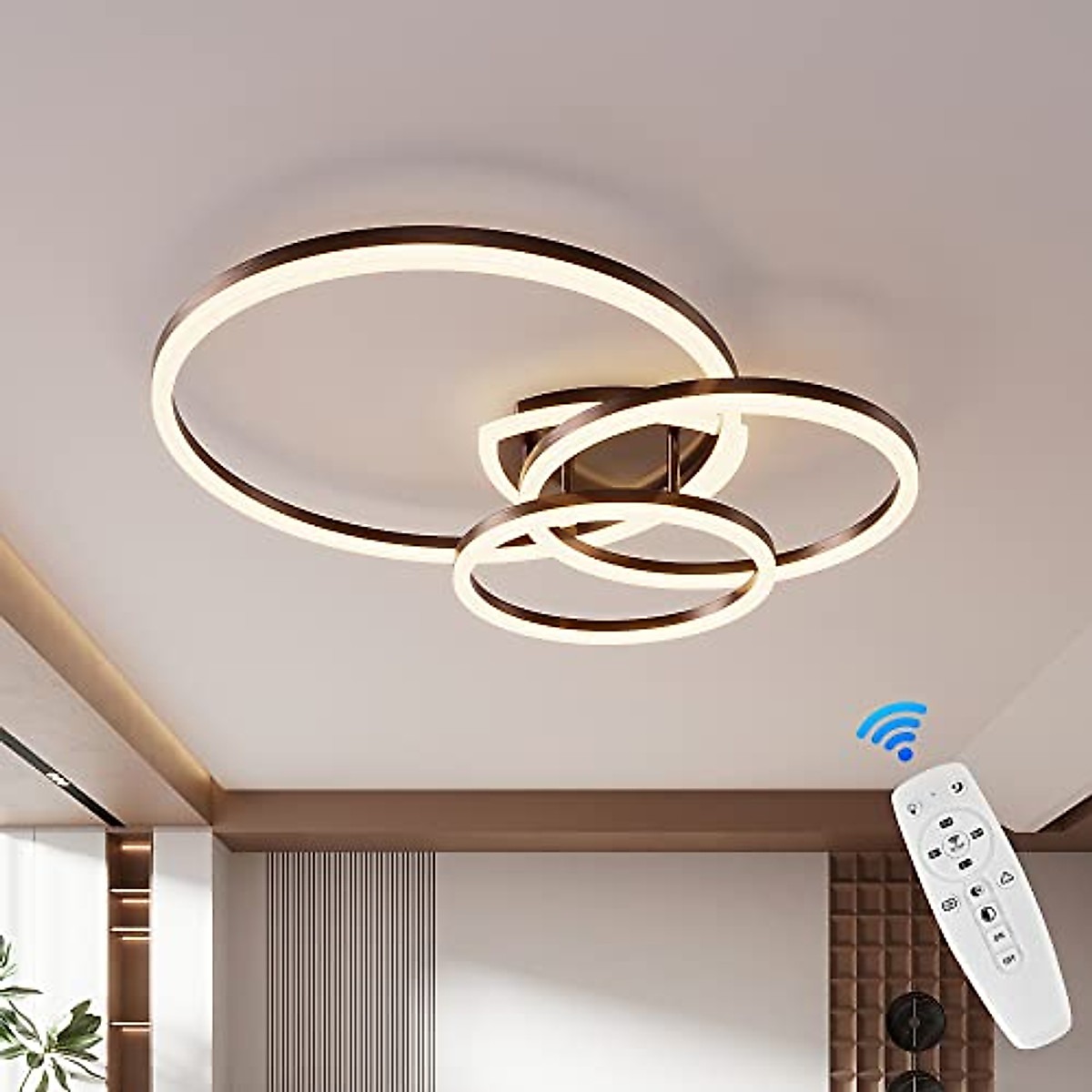 Kaiyuan Modern LED Ceiling Light with Remote,Dimmable Flush Mount LED Ceiling Light,3 Circle Close to Ceiling Light,Bedroom Dining Room Kitchen Living Room Light Fixture Wall Lamps Sconces,Brown