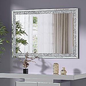 MUAUSU Crystal Crush Diamond Mirror 46.5"x30.6" Rectangular Silver Mirrors for Wall Decor Large Decorative Wall Mirror for Living Room Bedroom