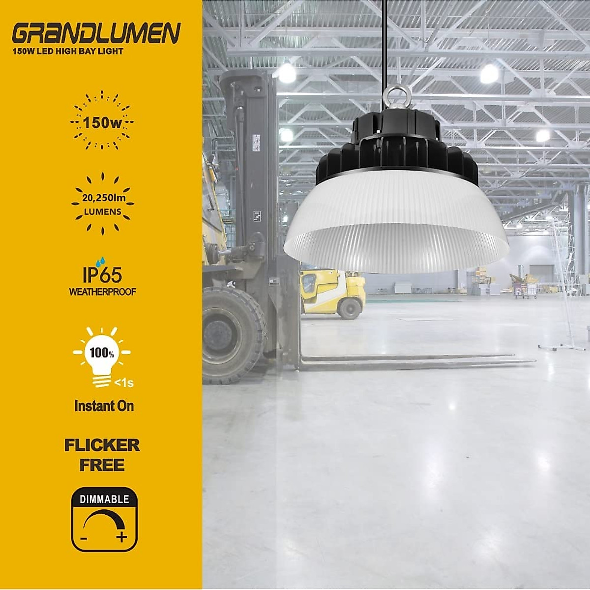 GRANDLUMEN LED High Bay UFO Light 150W, ETL Certified, 5000K Daylight White, LED Warehouse Lighting with PC Reflector