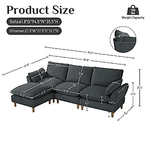 Wrofly L-Shaped Sectional Sofa Couch, 94" Comfy Chenille Deep Seat Cloud Couch with Convertible Ottoman & 2 Pillows, Modern Oversized 3 Seater Sleeper Sofa Set for Living Room Office, Dark Grey
