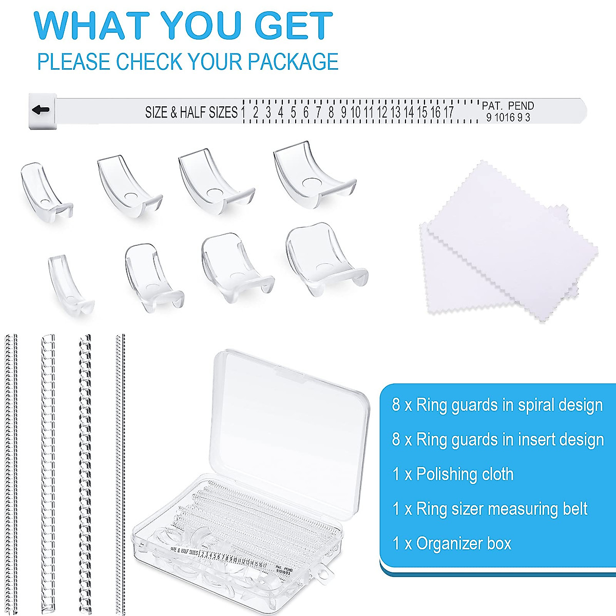 Ring Size Adjusters Set for Loosing Rings in 2 Styles, 12 Sizes, Ring Size Reducer Spacer Ring Guard Ring Resizer Tightener with Ring Sizer Measuring Belt, Jewelry Cloth and Organizer (16 Pieces)