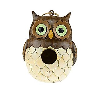 Hanging Decorative Resin Bird House | Hand Crafted Outdoor Home & Garden Décor for Wild Birds, Hummingbird, Cardinal, Finch, Bluebird | Owl