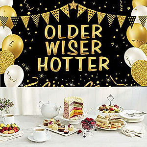 Older Wiser Hotter Banner Funny Birthday Decorations for Women Men, Black and Gold Funny Happy Bday Backdrop Party Supplies for Adult, 21st 30th 40th 50th 60th 70th 80th Background Poster Decor