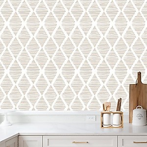 Yun-aeon 17.7" X 120" White and Beige Stripe Peel and Stick Wallpaper Modern Diamond Contact Paper Geometric Removable Wallpaper Self Adhesive Wall Paper for Bedroom Drawers Cabinets Decor Vinyl