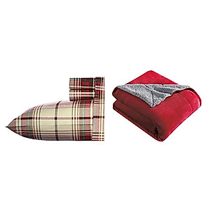 Eddie Bauer Home | 100% Cotton Flannel Sheet Set, Queen, Montlake Plaid + Signature Reversible Sherpa Throw, Red