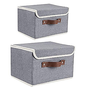 Lucky Monet 2 Pack Linen Fabric Foldable Storage Bin Set Collapsible Storage Box Cube Closet Organizer with Lid & Faux Leather Handle, 10”x8”x7” (Grey)