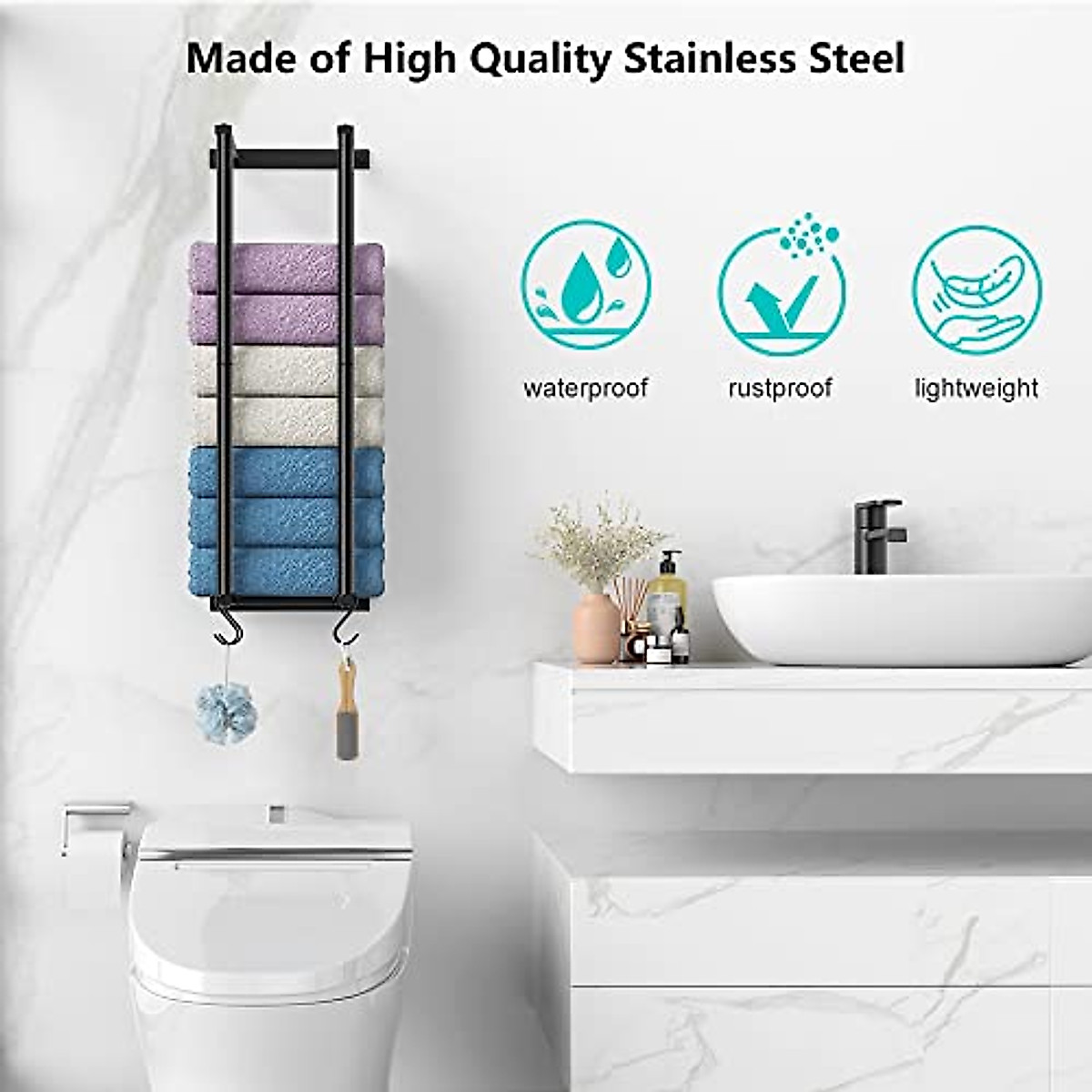 Nidouillet Wall Towel Rack for Rolled Towels, New Upgrade 2 Bar Towel Racks for Bathroom Wall Mounted, Bathroom Towel Storage, Metal Bath Towel Holder for Folded Large Towel Washcloths, Black