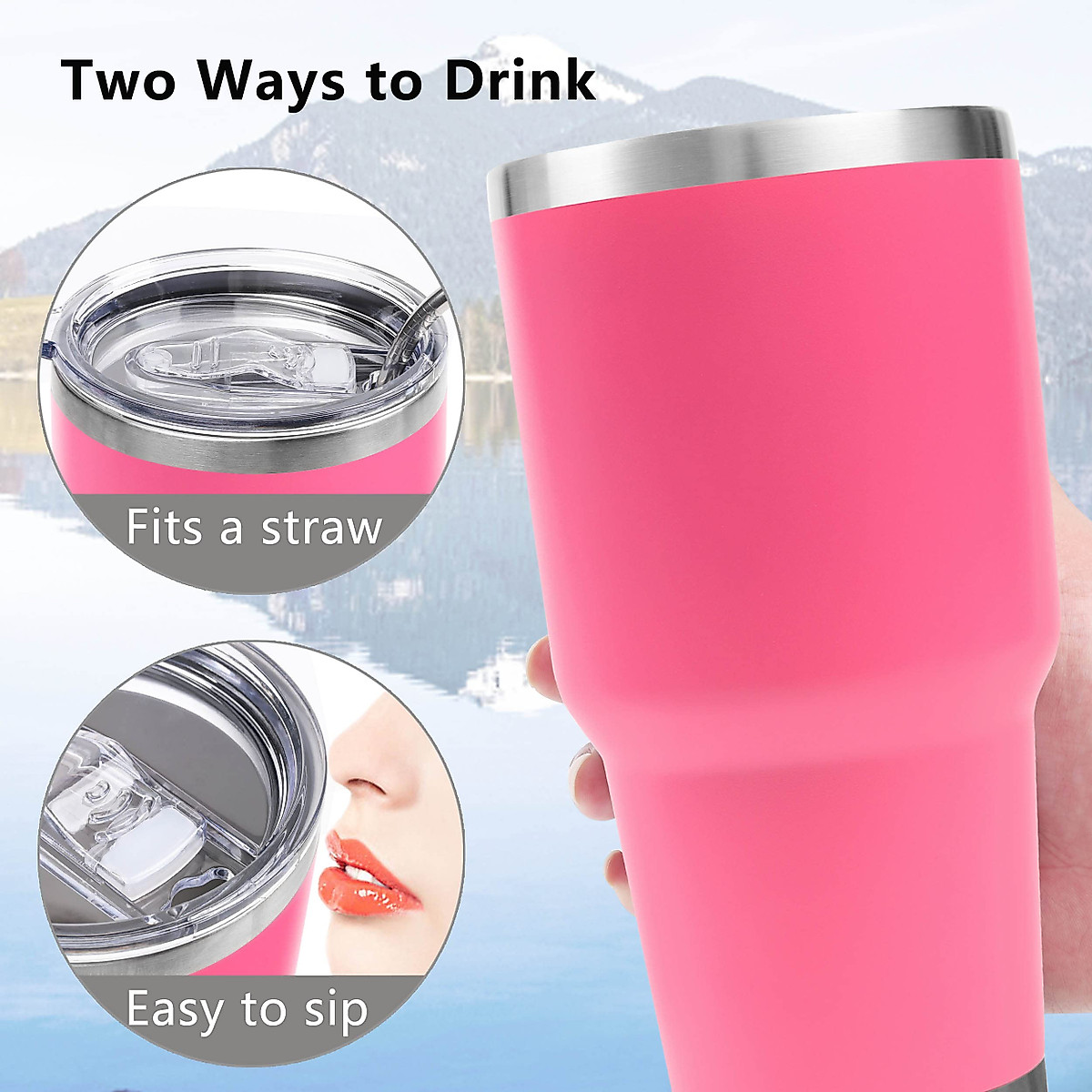 Toopify 30 oz Stainless Steel Insulated Tumbler Travel Mug with Straw Slider Lid, Cleaning Brush, Double Wall Vacuum (Hot Pink)
