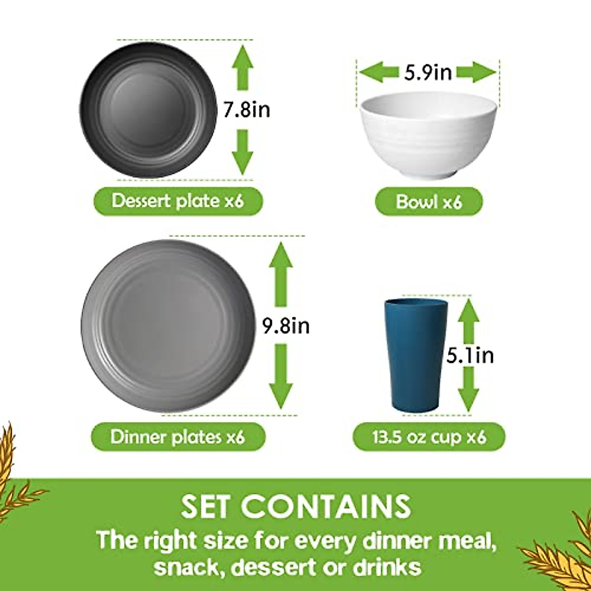 Teivio 24-Piece Kitchen Plastic Wheat Straw Dinnerware Set, Service for 6, Dinner Plates, Dessert Plate, Cereal Bowls, Cups, Unbreakable Plastic Outdoor Camping Dishes, Coastal Multicolor